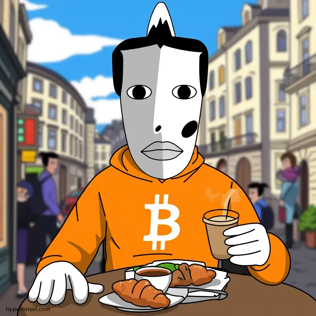 dog wearing orange bitcoin hoodie and hyper having drinks in paris